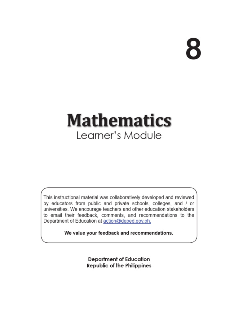 Grade 8 Math Learners Material LM | PDF