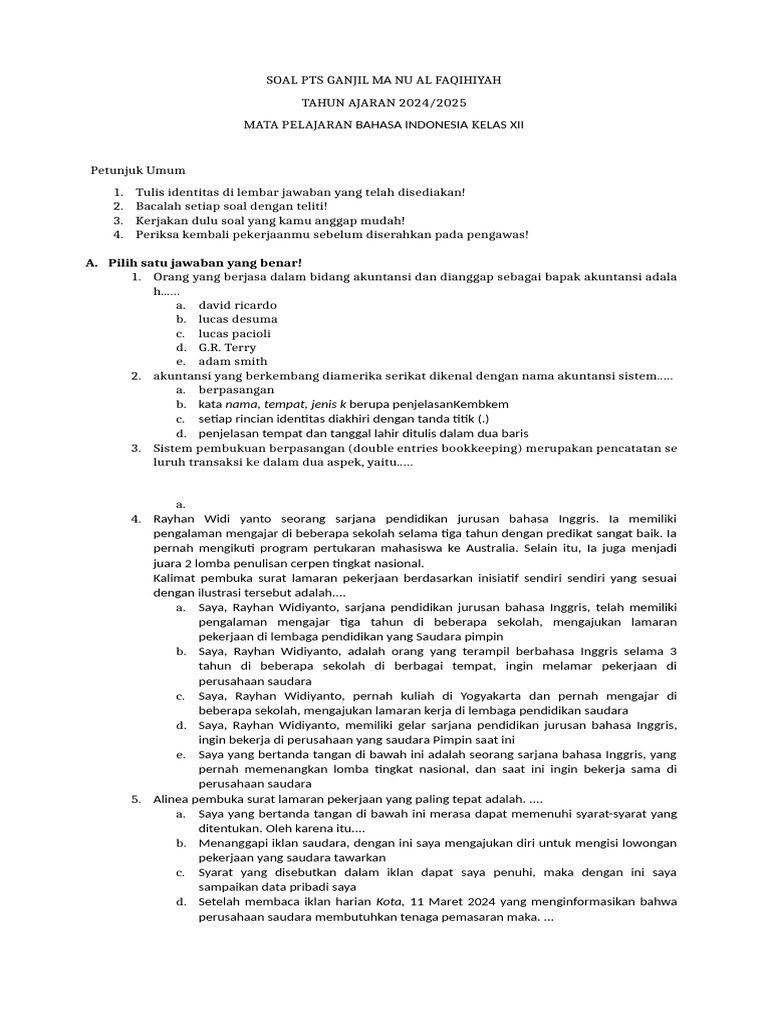 35 Butir Soal PTS Ganjil, Bahasa Indonesia Kelas Xii | PDF | Indonesia | Career & Growth
