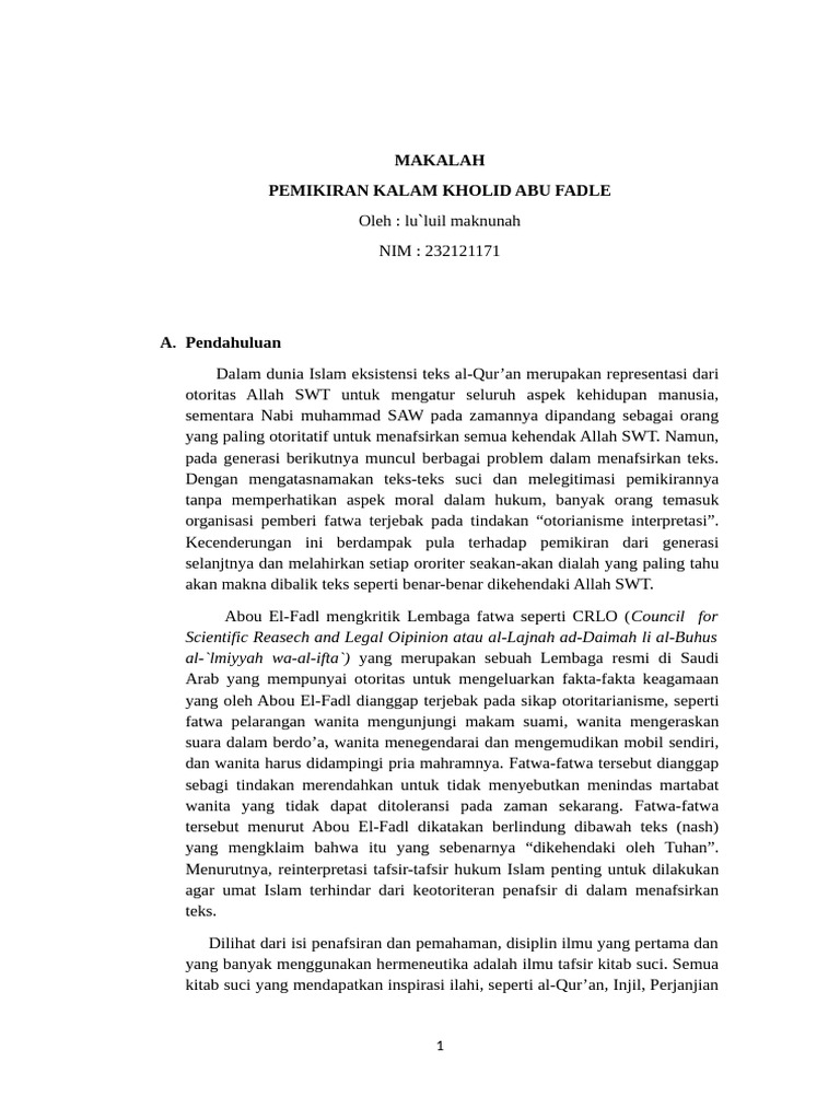 Lu'luil Maknunah (232121171) - PEMIKIRAN KALAM KHOLID ABU FADLE | PDF