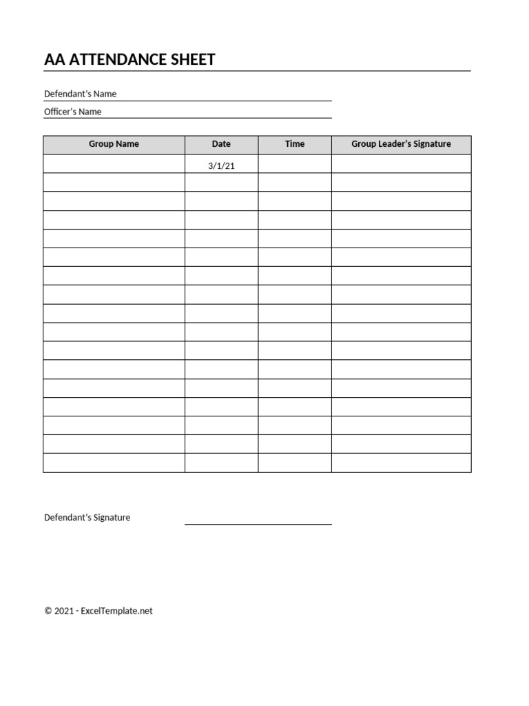 AA Attendance Sheet V1.0 | PDF