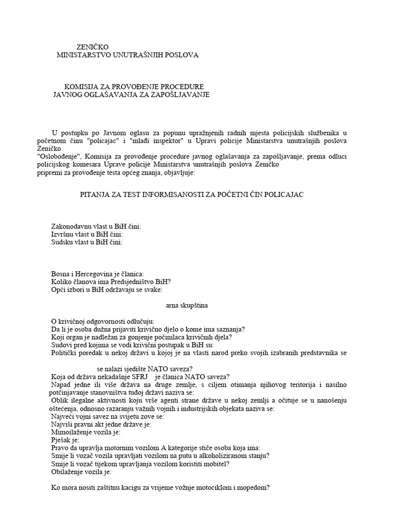 Pitanja Za Test Opceg Znanja 2023 - Policajac | PDF