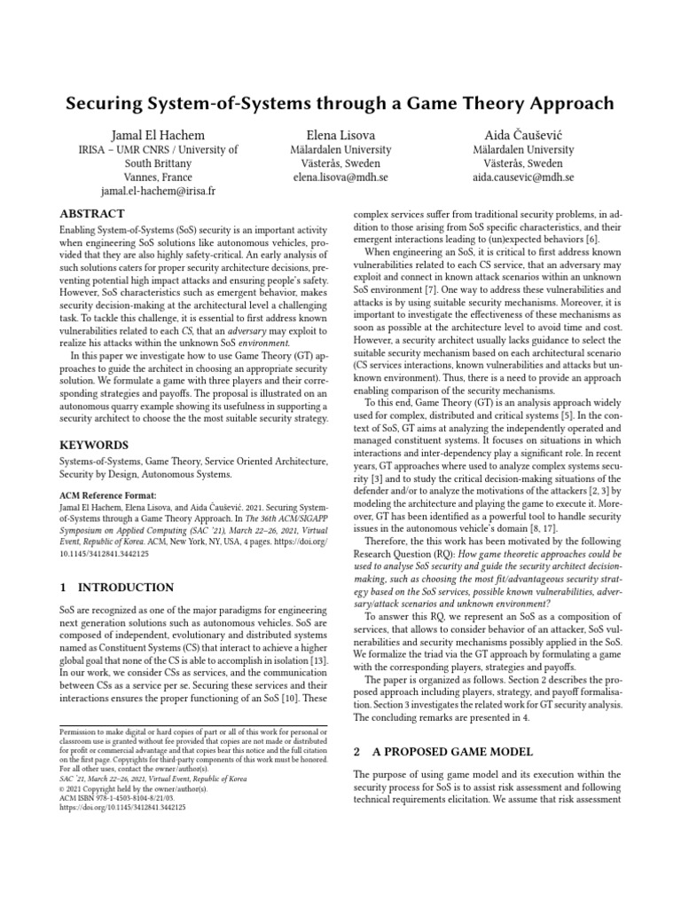 SAC2021 Securing System of Systems Services Through A Game Theory Approach | PDF