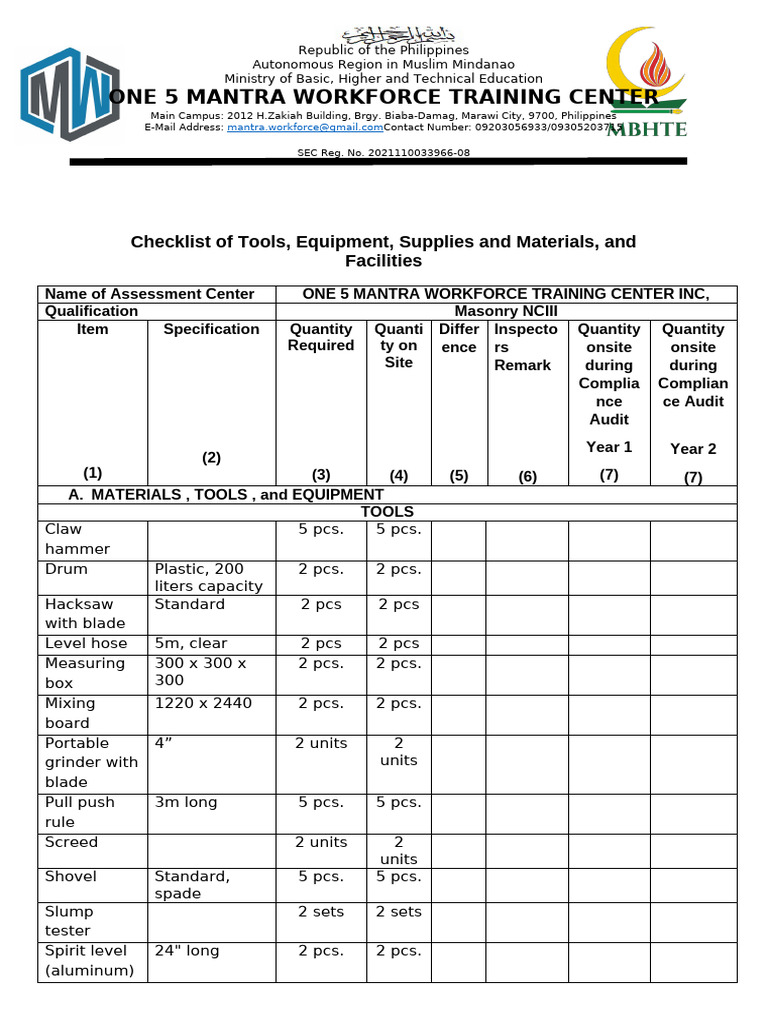 Checklist of Tools Masonry | PDF | Building Materials | Building ...