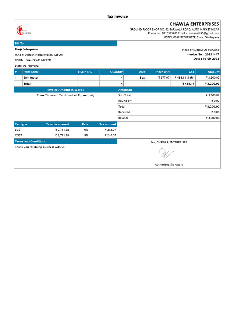 CHAWLA ENTERPRISES Tax Invoice 2024 | PDF | Public Finance | Governance