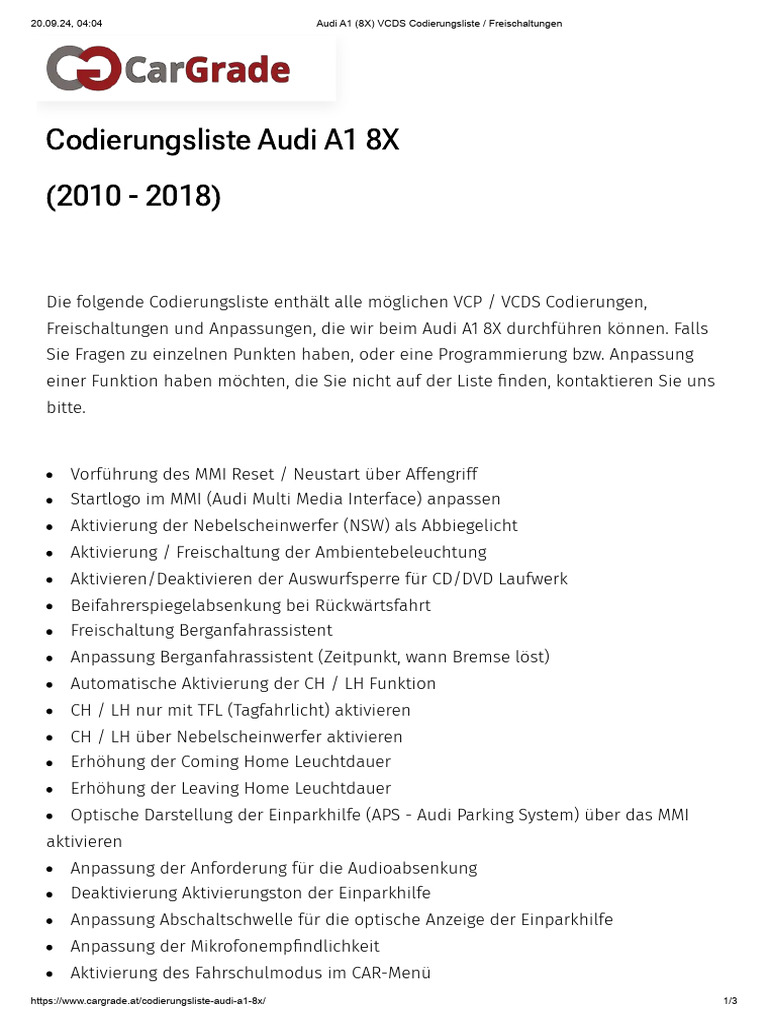 Audi A1 (8X) VCDS Codierungsliste - Freischaltungen | PDF