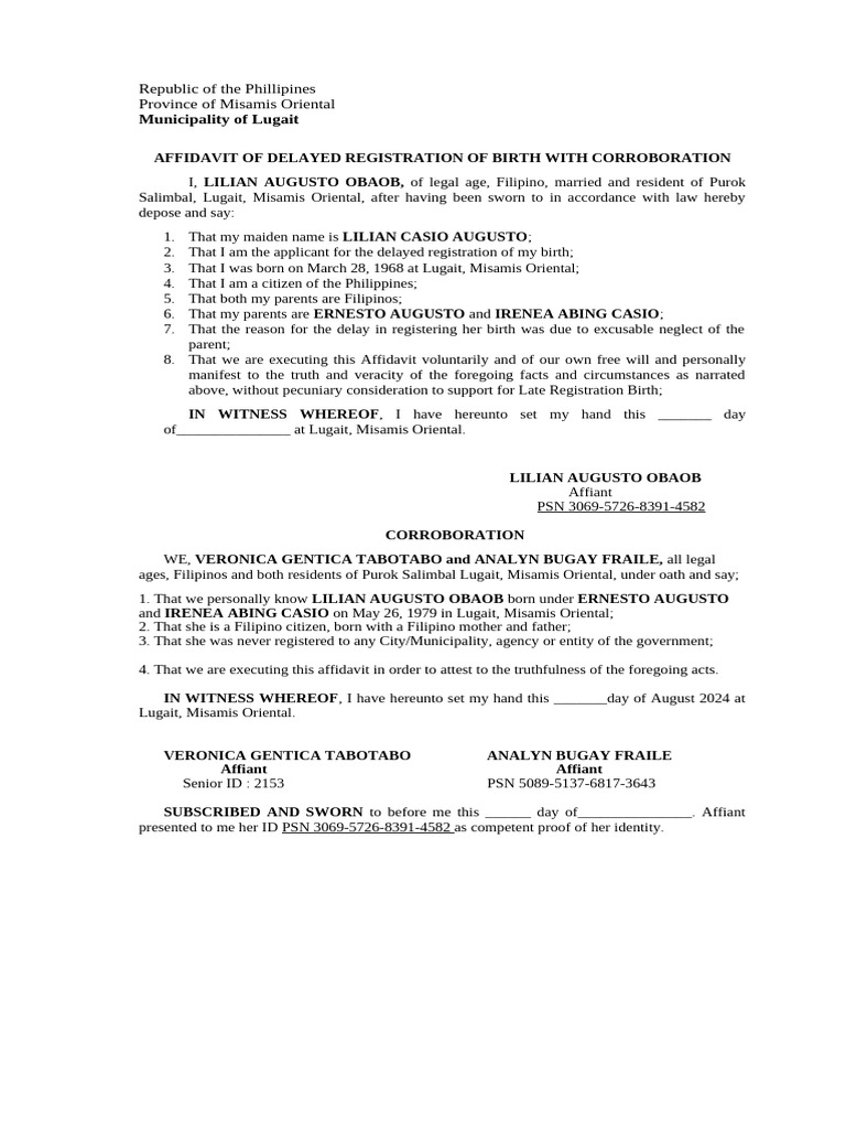 Affidavit For Delayed Registration With Corroboration | PDF