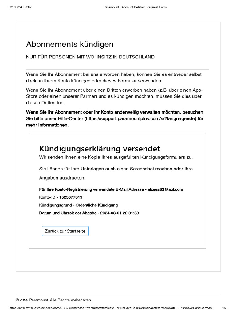 Paramount+ Account Deletion Request Form | PDF
