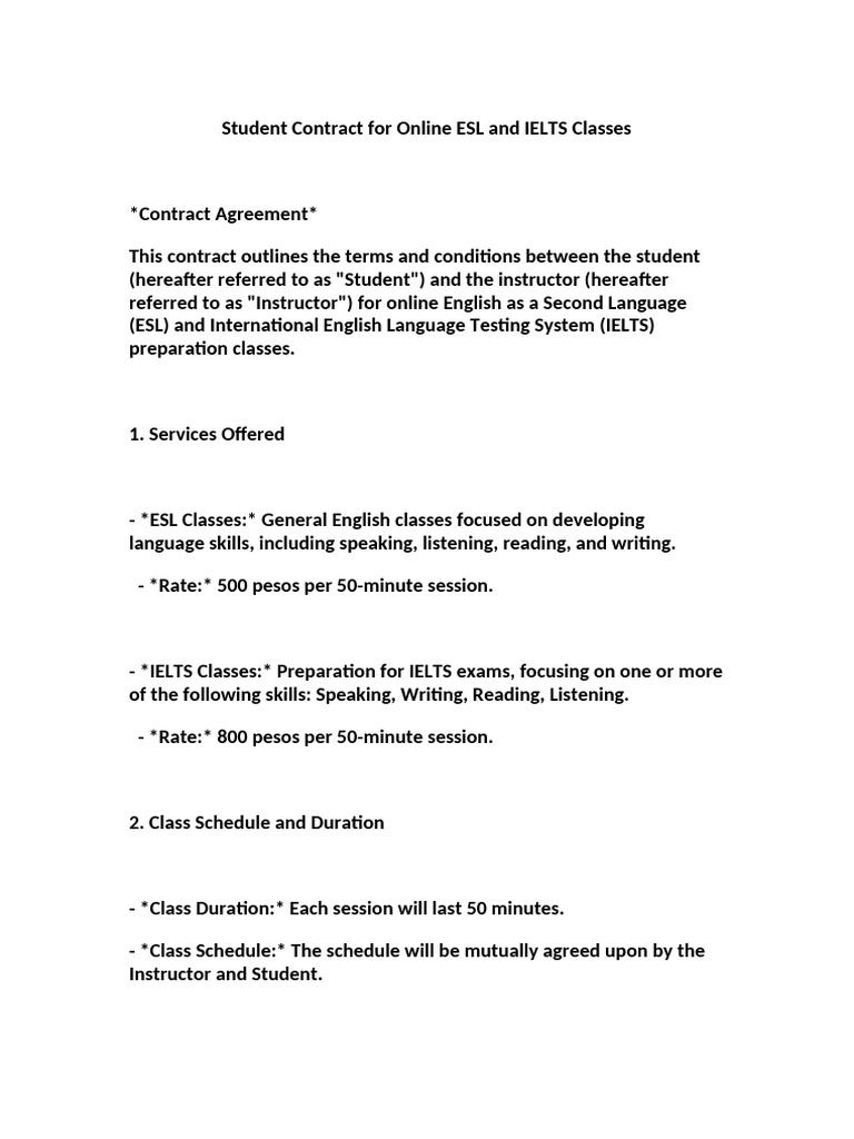 Student Contract For Online ESL and IELTS Classes | PDF