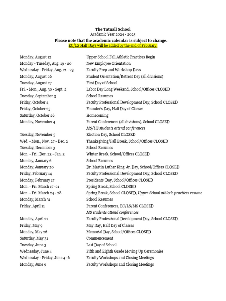 Tatnall Short Calendar 2024 - 2025 | PDF | Holidays | Observances