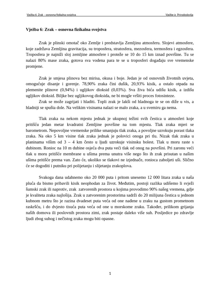 Vjezba 6 - Zrak Osnovna Fizikalna Svojstva | PDF