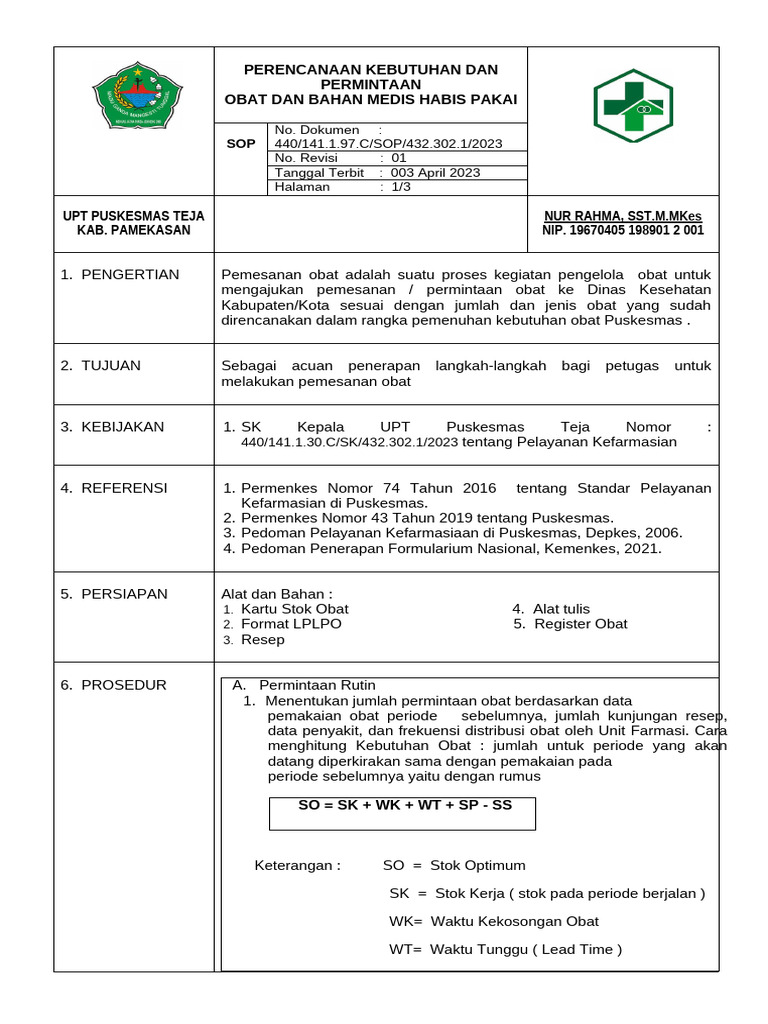 SOP PERENCANAAN KEBUTUHAN DAN PERMINTAAN (Pemesanan Obat) | PDF