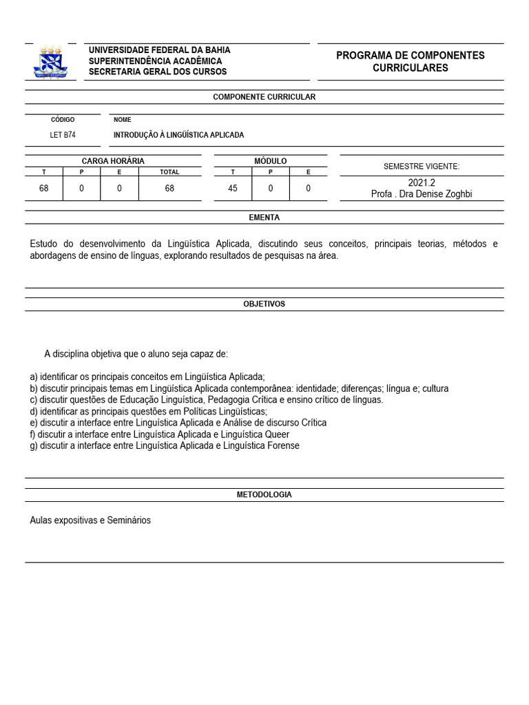 programa LET B74 Intro LA 2021.2 | PDF