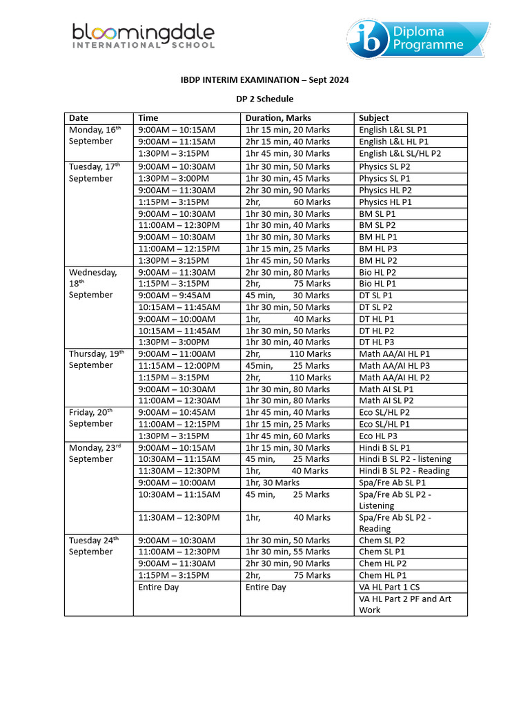 BIS DP 2 - Interim Exam Schedule 2024-25 | PDF