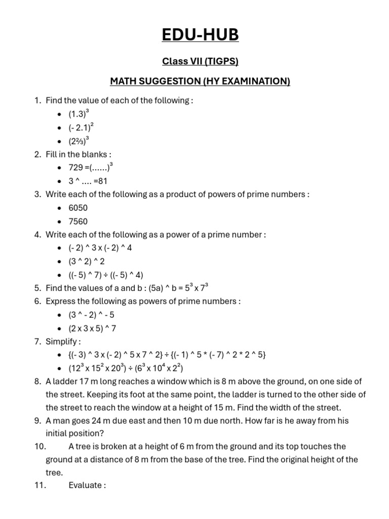 Class VII HY MATH SUGGESTION | PDF
