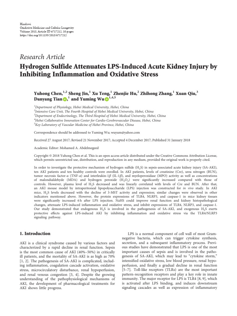 Hydrogen Sulfide Attenuates LPS Induced Acute Kidney Injury by ...
