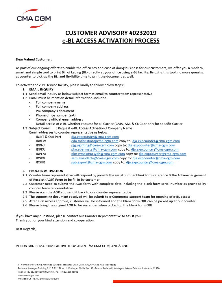 Customer Advisory #0232019 - E-bl Activation Process | PDF