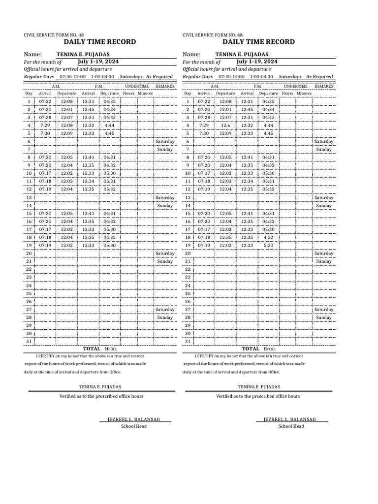 Daily Time Record Daily Time Record: Name: Name | PDF