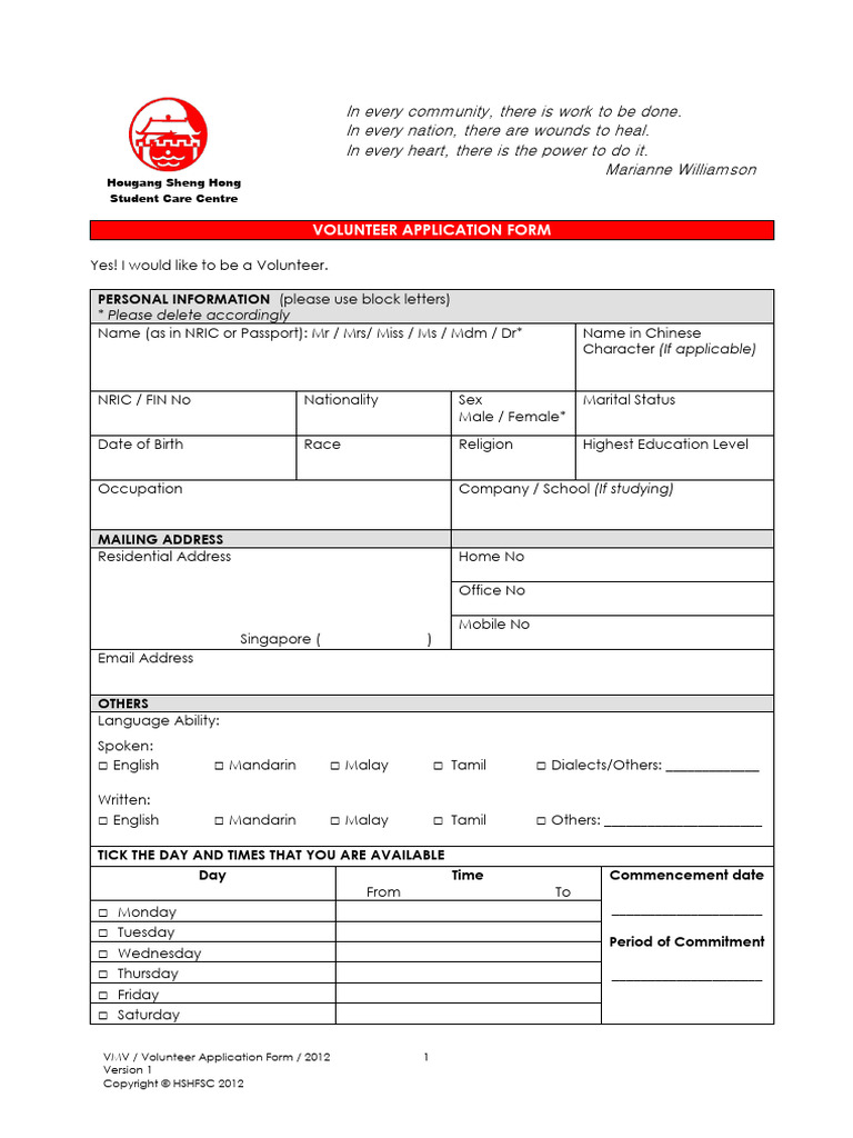 Volunteer Application Form - SCC | PDF