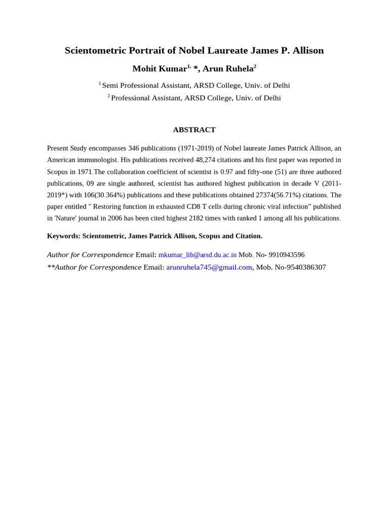 Scientometric Portrait of Nobel Laureate James P. Allision | PDF | T ...