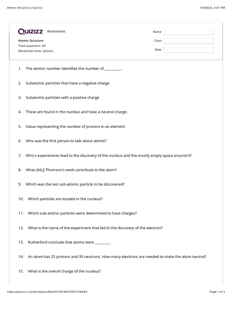Atomic Structure - Worksheet | PDF