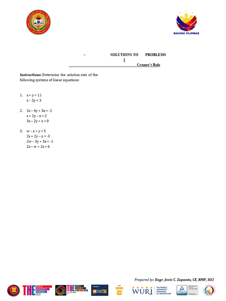 Emath315 Plate No 2 Solving Systems Of Linear Equations Using Cramers