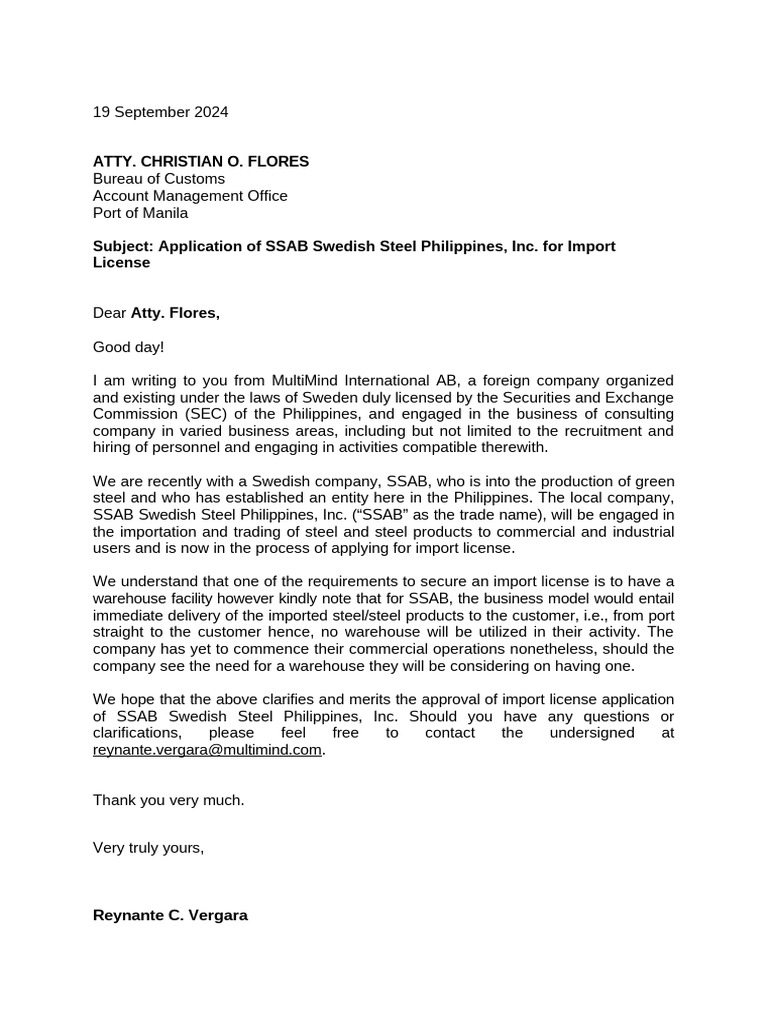 Letter To Boc (Warehouse) Final | PDF