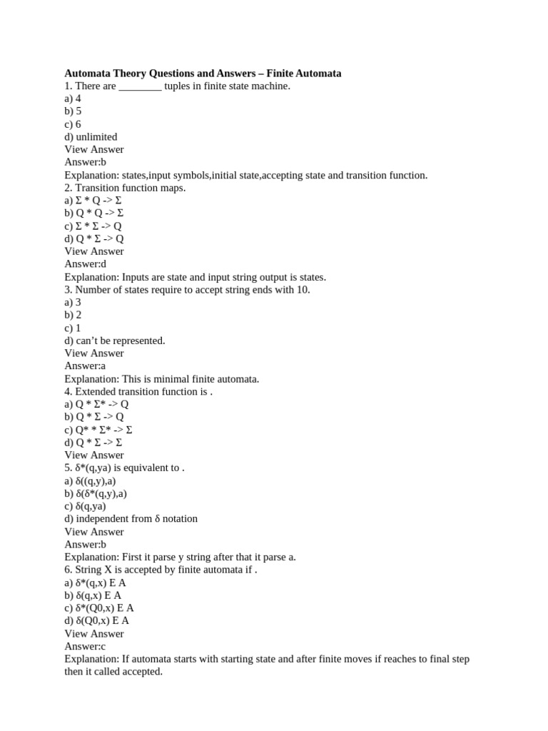 Automata Theory Questions and Answers | PDF