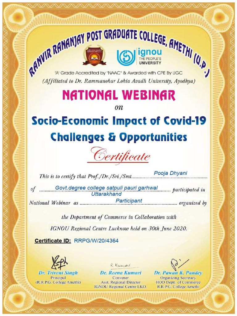 Certificate Miss. Pooja Dhyani | PDF