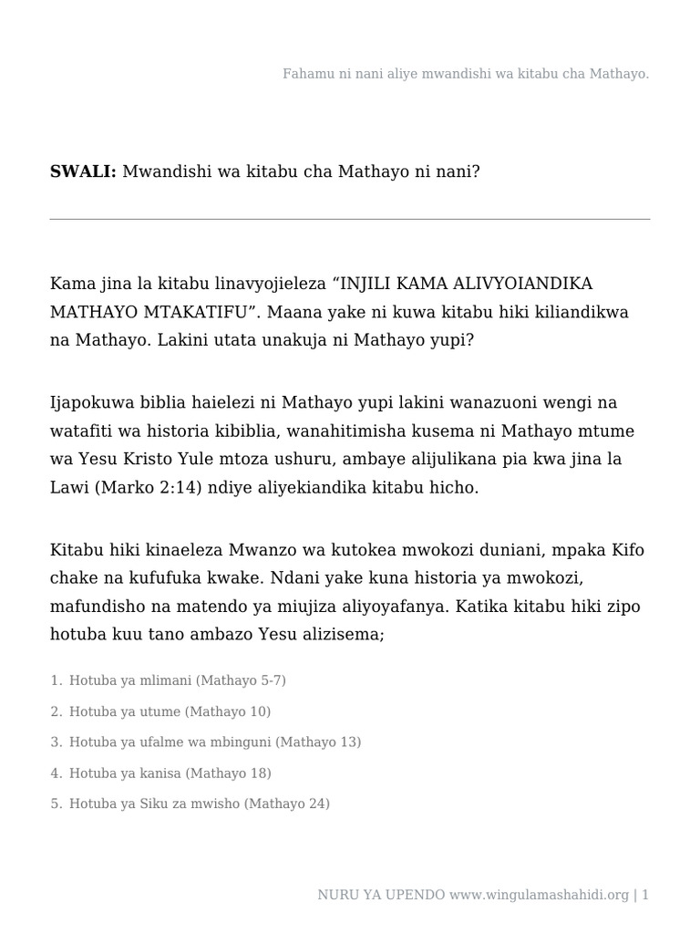 Fahamu Ni Nani Aliye Mwandishi Wa Kitabu Cha Mathayo. | PDF