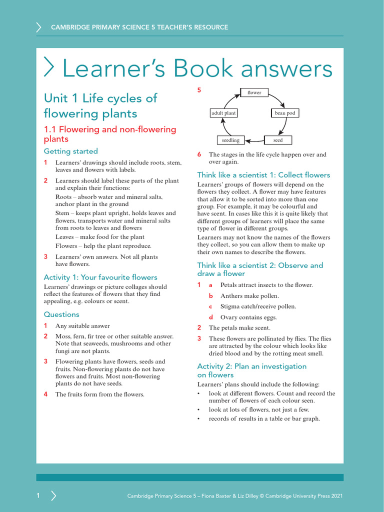G5 Science - Learner's Book Answers - Unit 1 | PDF | Flowers | Wellness