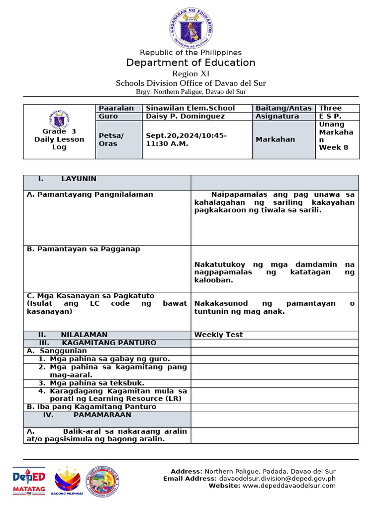 DLL DLP Non Matatag Esp | PDF