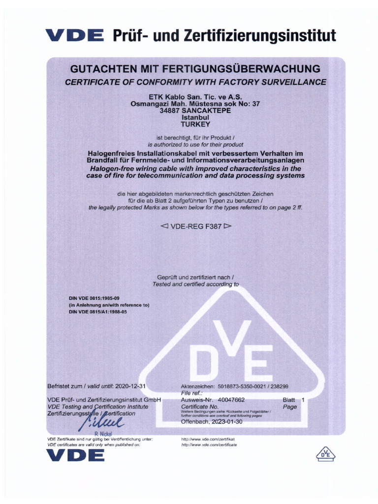 VDE JE-H (ST) H BD FE180 PH180 - VDE - Marks - Approval - 40047662 - 300 (ETK Kablo) (de-DE) (en ...