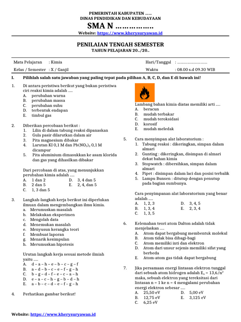 Soal & Kunci PTS Kimia X - WWW - Kherysuryawan.id | PDF