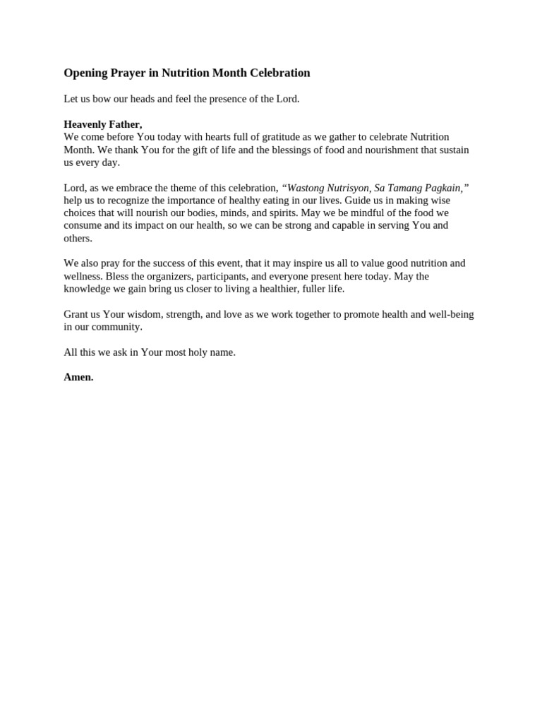 Opening Prayer in Nutrition Month Celebration | PDF