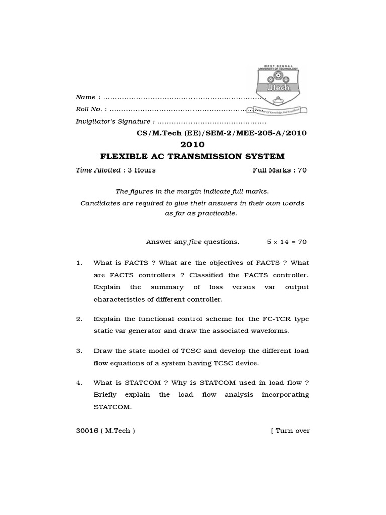 Mtech Ee 2 Sem Flexible Ac Transmission System 201 | PDF