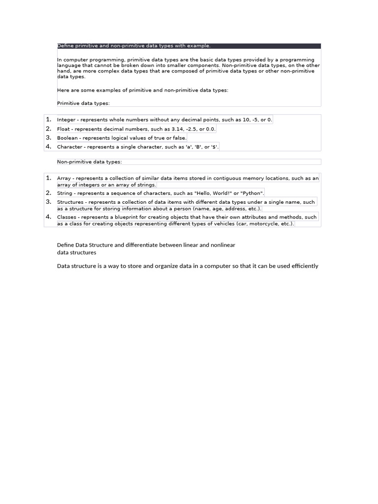 Define Primitive and Non-Primitive Data Types With Example | PDF
