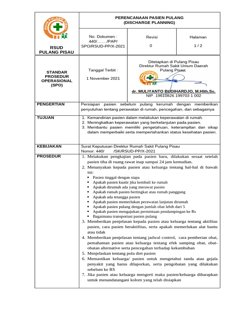 SOP Discharge Planning | PDF