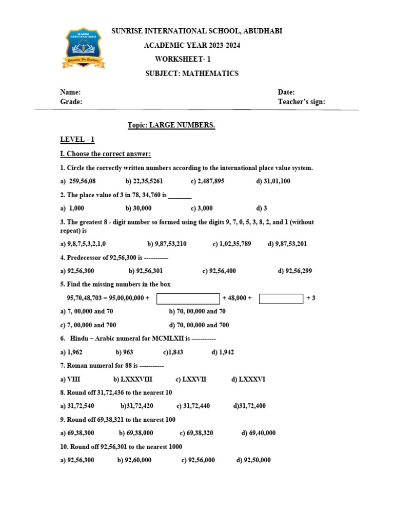 Large number - Worksheet | PDF