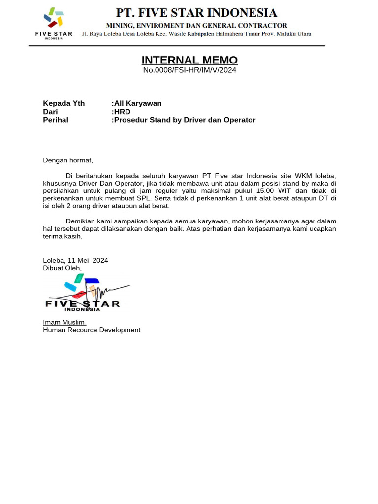 Internal Memo Perihal Stand by Untuk Operator Dan Driver | PDF