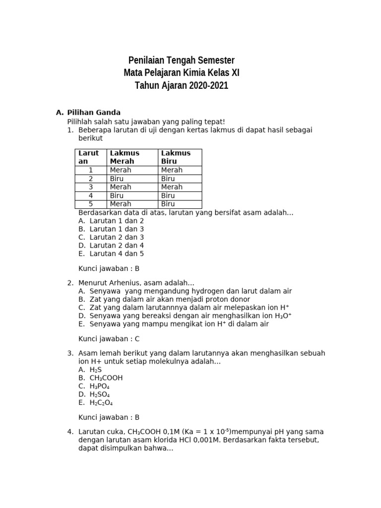 Soal PTS Kimia XI | PDF