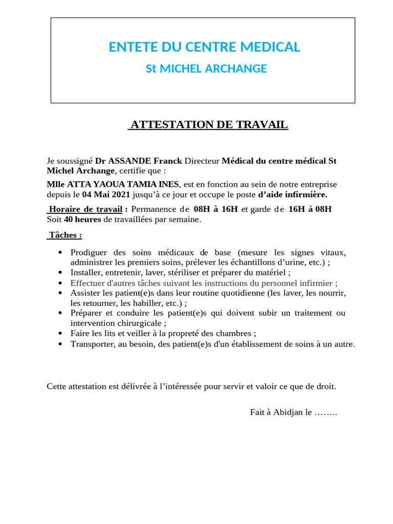 Attestation-De Travail - Aide-Infirmière - Centre Médical Abobo | PDF