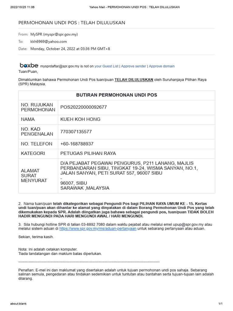 Yahoo Mail - PERMOHONAN UNDI POS - TELAH DILULUSKAN | PDF