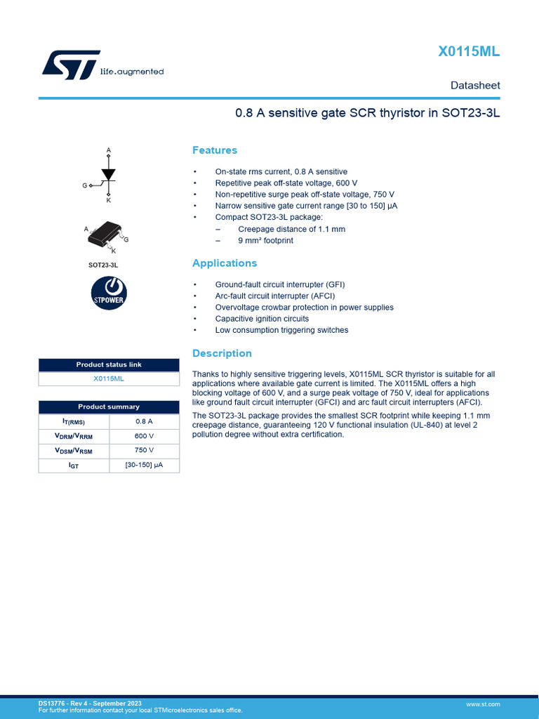0.8 A Sensitive Gate SCR Thyristor in SOT23-3L: Features | PDF