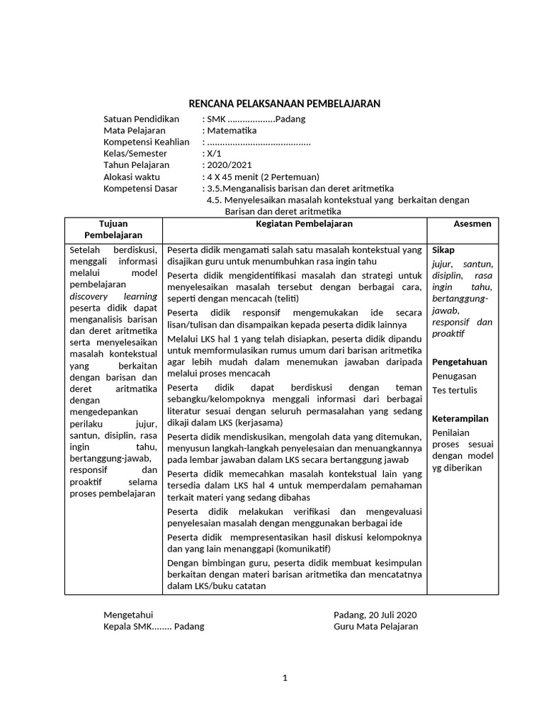 RPP Matematika Se Mendikbud No 14 Tahun 2019 (Tabel) | PDF