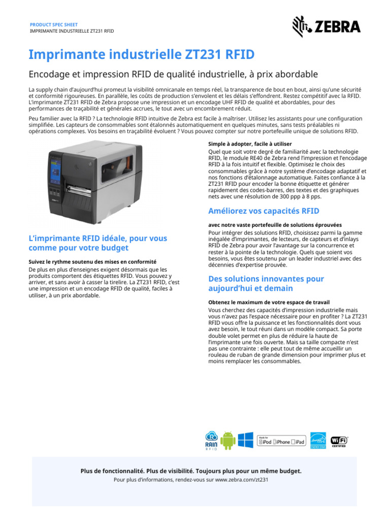 zt231 Rfid Spec Sheet FR FR | PDF