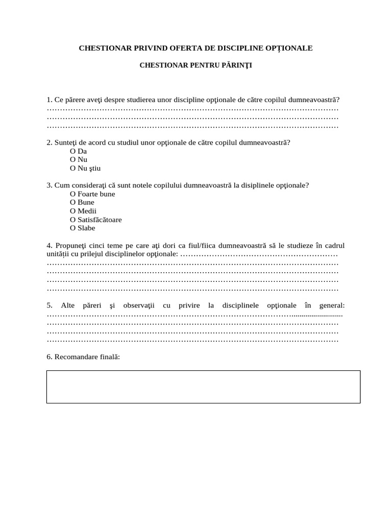 8 Chestionar Prin Care S-Au Stabilit Disciplinele Optionale Parinti Si ...