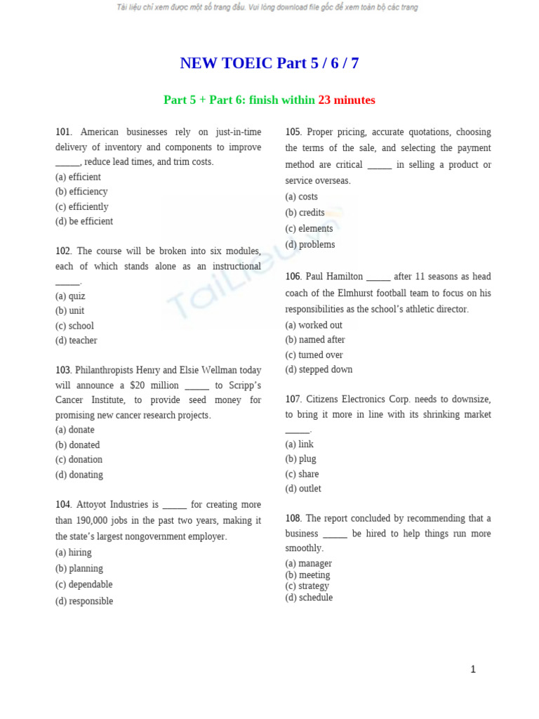 NEW TOEIC Part 5 / 6 / 7: Part 5 + Part 6: Finish Within | PDF