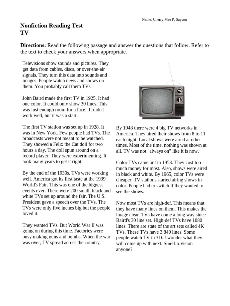 Nonfiction Reading Test TV | PDF