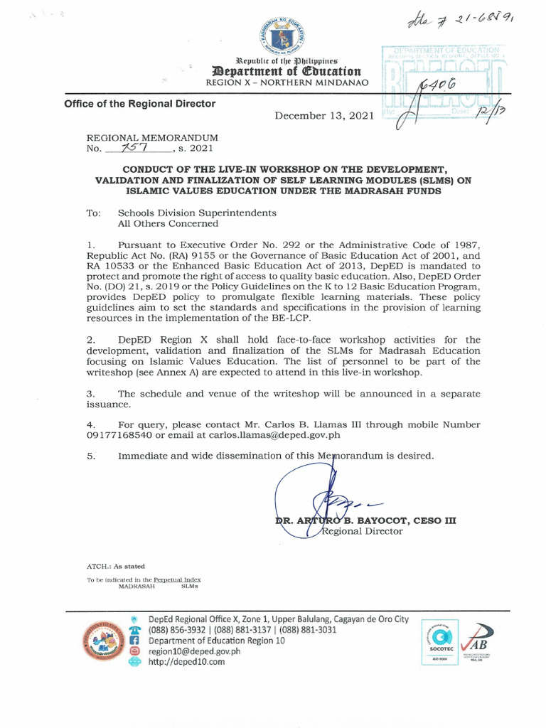 RM - 757 - Conduct of The Live-In Workshop On The Development, Validation and Finalization of ...