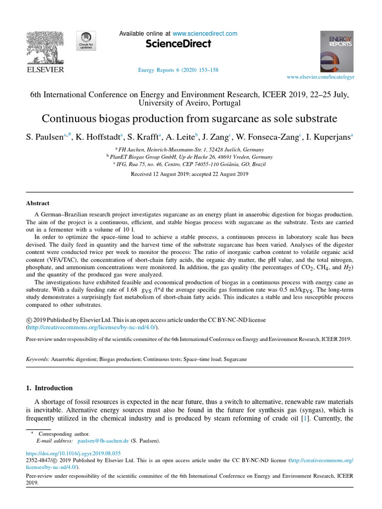 Continuous Biogas Production From Sugarcane As Sole Subst - 2020 ...